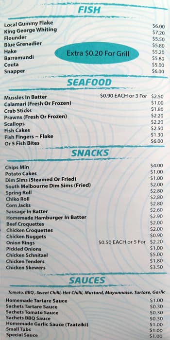 Menu at Blue Ocean Fish & Chippery fast food, Cranbourne North