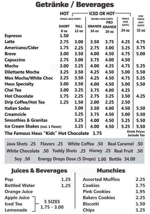 Menu at Java Haus Cafe, Snohomish