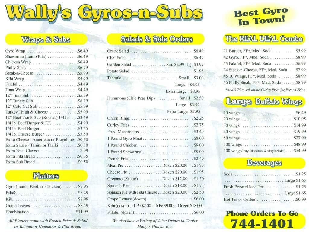 Menu at Wally’s Gyros & Subs restaurant, Jacksonville