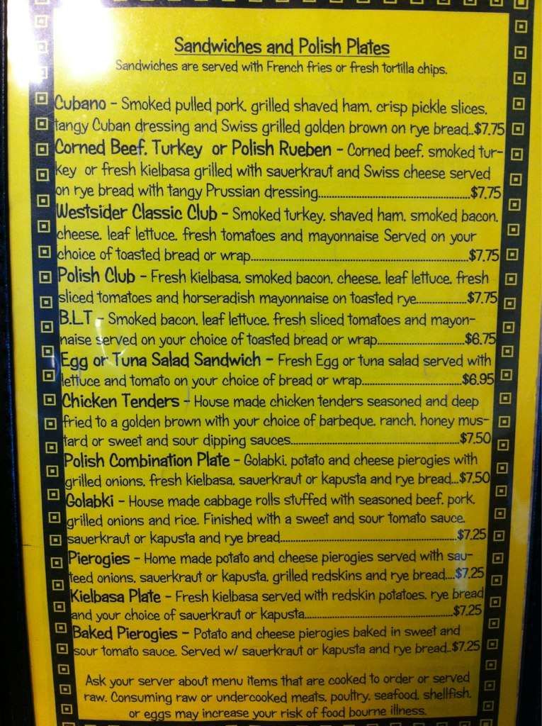 Menu at Westsider Cafe, Grand Rapids