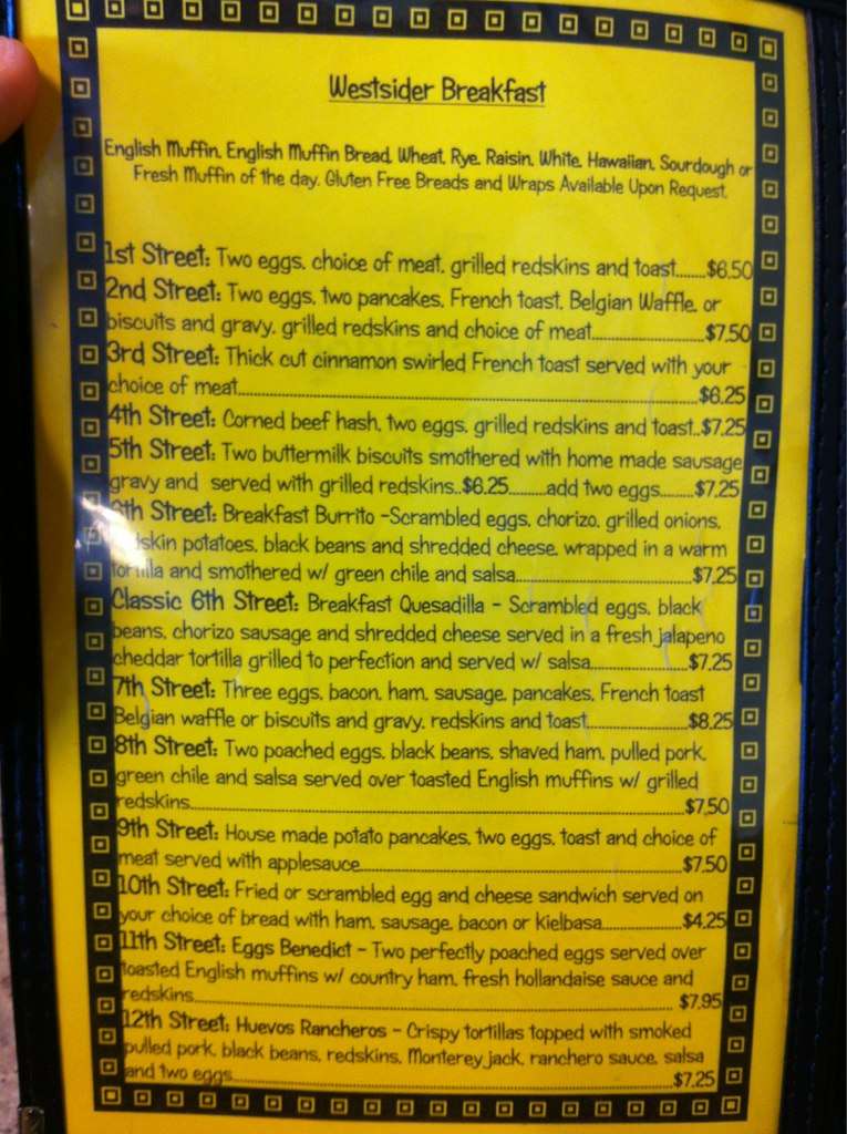 Menu at Westsider Cafe, Grand Rapids