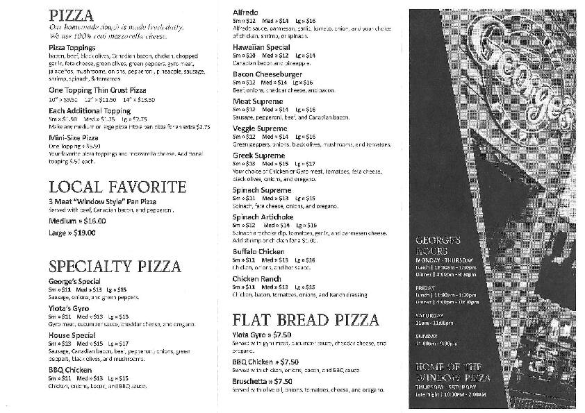 Menu at George's Pizza pizzeria, Brookings