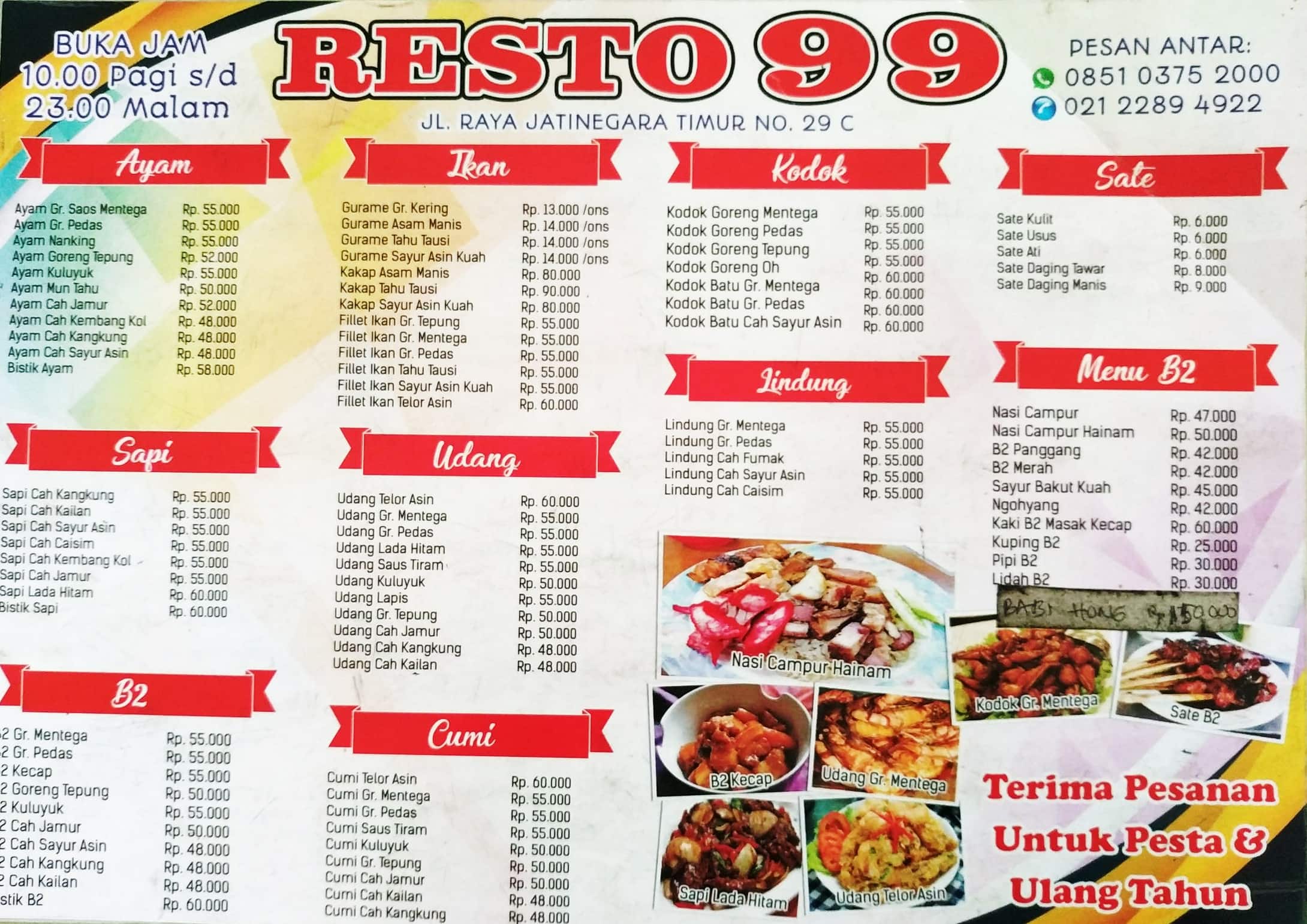 Menu at Nasi Campur Resto 99 restaurant, East Jakarta