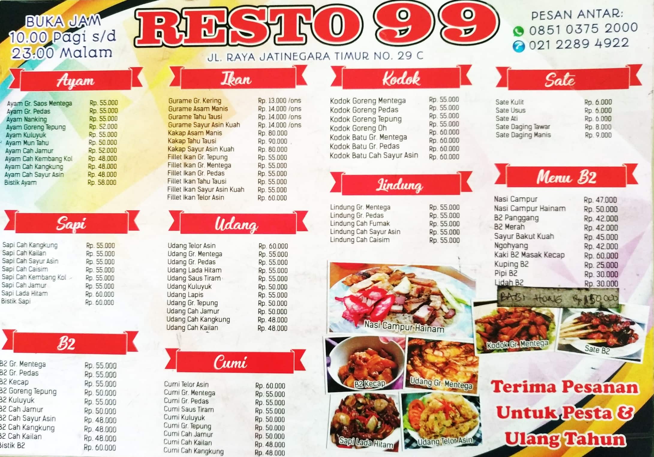 Menu at Nasi Campur Resto 99 restaurant, East Jakarta