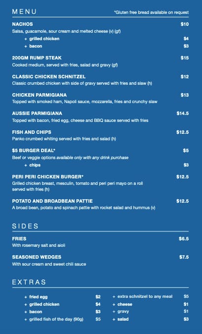 Menu at The Unibar, Nathan