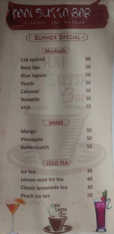 Menu at Chai Sutta Bar, Bhopal, opp Aura Mall