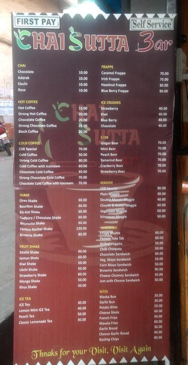 Menu at Chai Sutta Bar, Bhopal, opp Aura Mall