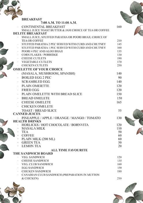 Menu of Delite Hotel, NIT, Faridabad