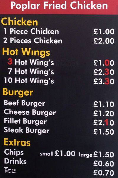 Menu at Poplar Fried Chicken restaurant, London