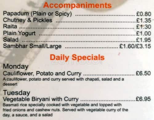 Menu at Ravi Shankar restaurant, London, Ravi Shankar Restaurant
