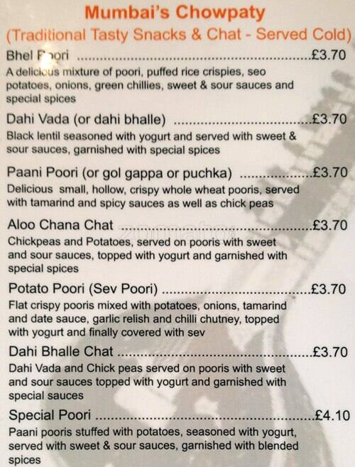 Menu at Ravi Shankar Bhelpoori House restaurant, London, 133-135 ...