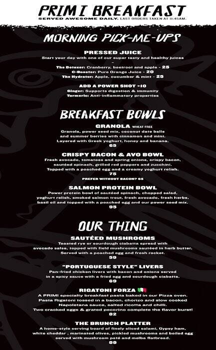 Menu at PRIMI restaurant, George