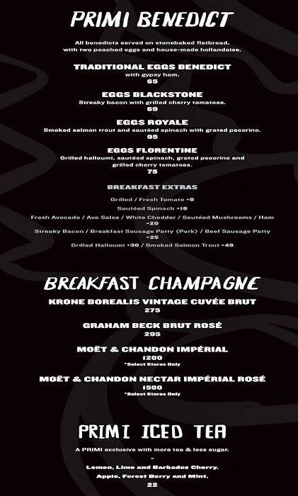 Menu at PRIMI restaurant, George