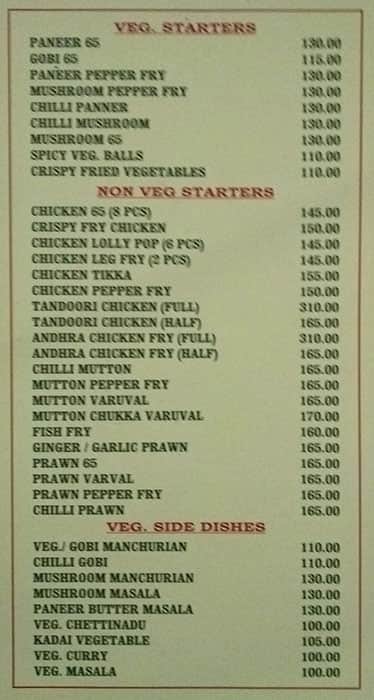 Menu at Hotel Soorya, Chennai, 44CX+7JP