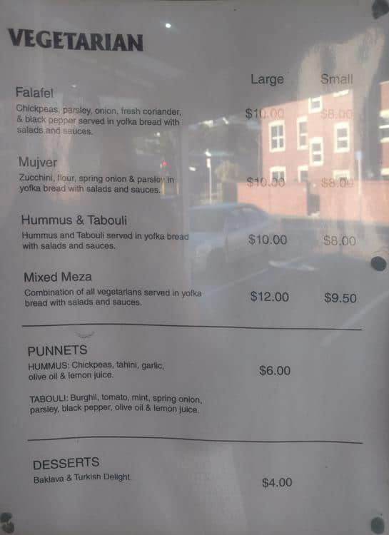 Menu at Sinbad Kebab House restaurant, Wellington