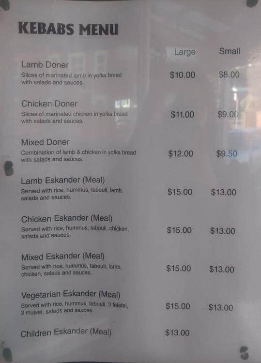 Menu at Sinbad Kebab House restaurant, Wellington