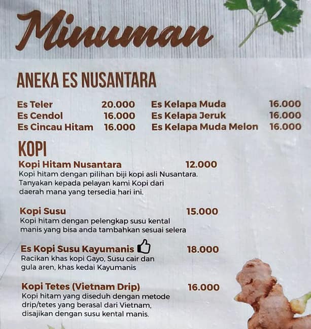 Menu at Kedai Kayumanis restaurant, Jakarta, Jl. Kayu Manis VIII No.38