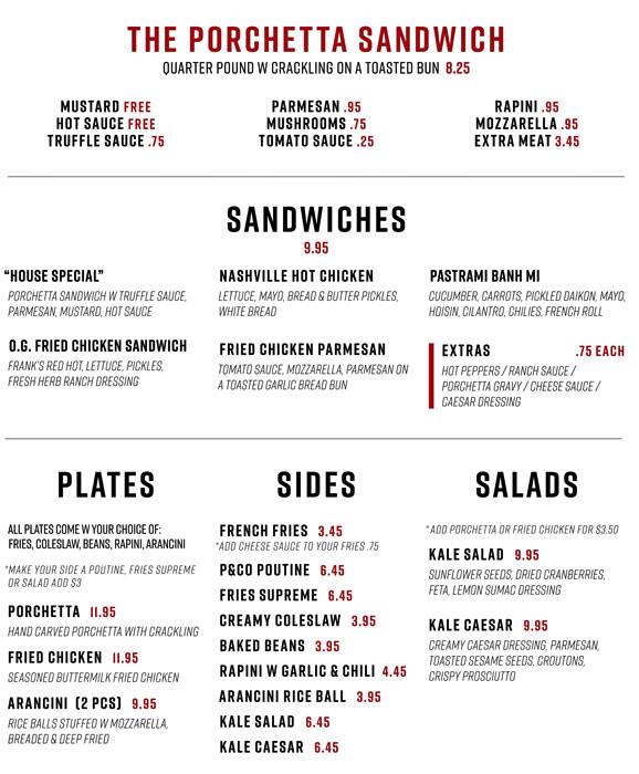Menu at Porchetta & Co. restaurant, Toronto, 545 King St W