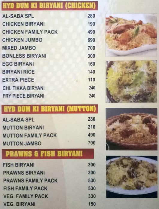 Menu at Al-Saba Restaurant, Hyderabad, opposite फ्यूचर फर्नीचर