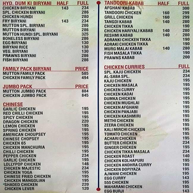Menu at Al-Saba Restaurant, Hyderabad, opposite फ्यूचर फर्नीचर