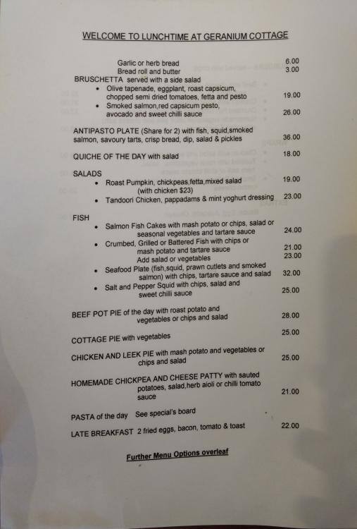 Menu at Geranium Cottage cafe, Middle Dural
