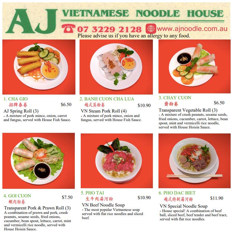 Menu at AJ Vietnamese Noodle House restaurant, Brisbane City