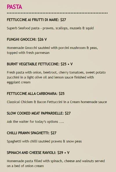 Menu at Monte Fiore restaurant, Perth