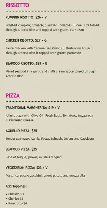 Menu at Monte Fiore restaurant, Perth