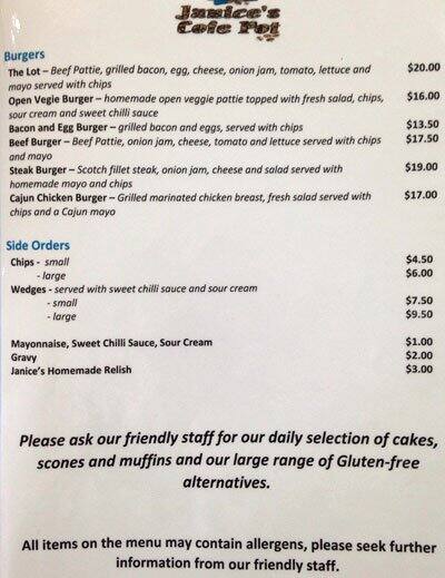 Menu at Janice's Cofe Pot cafe, Mandurah