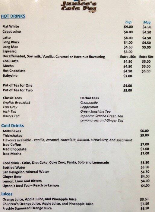 Menu at Janice's Cofe Pot cafe, Mandurah