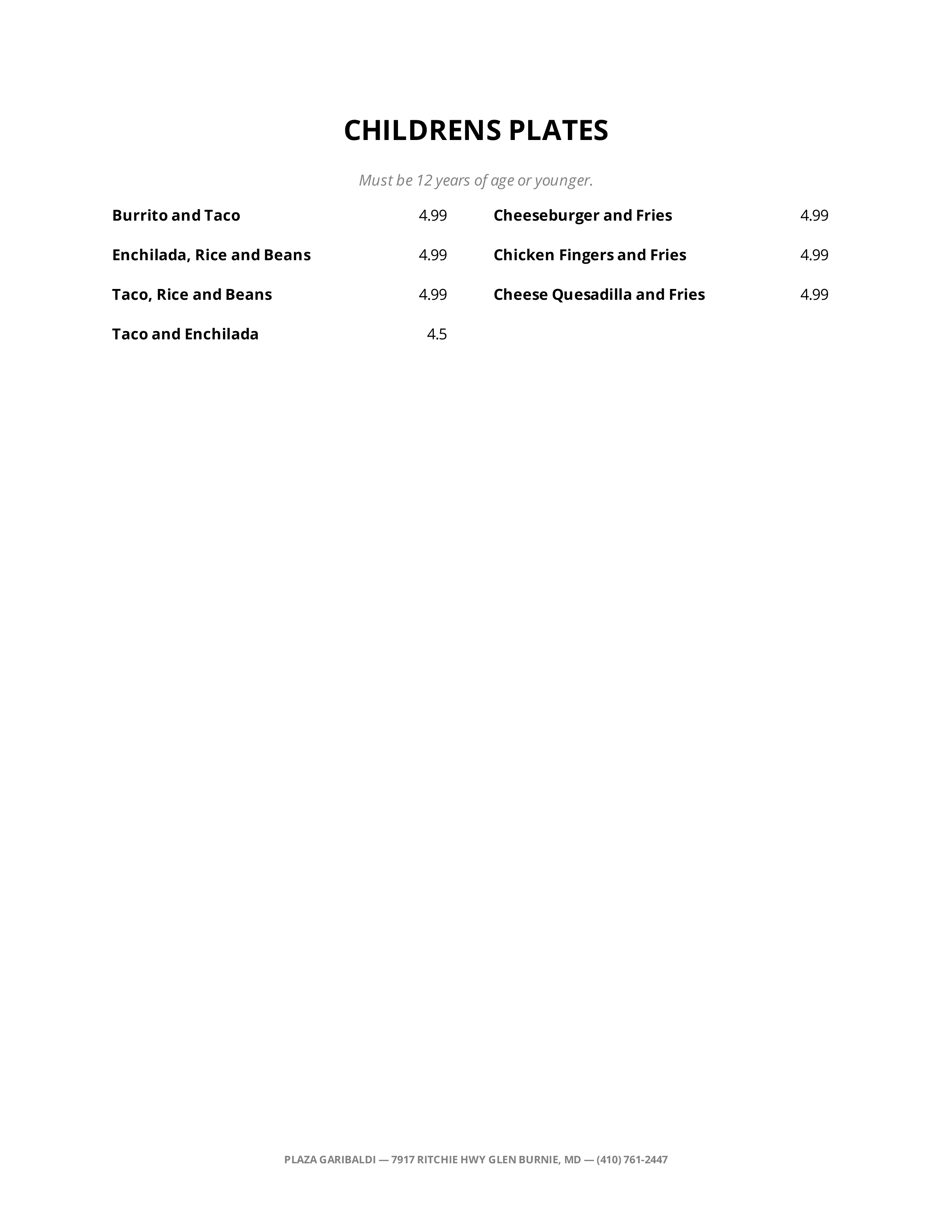 Menu at Plaza Garibaldi Mexican Restaurant, Glen Burnie