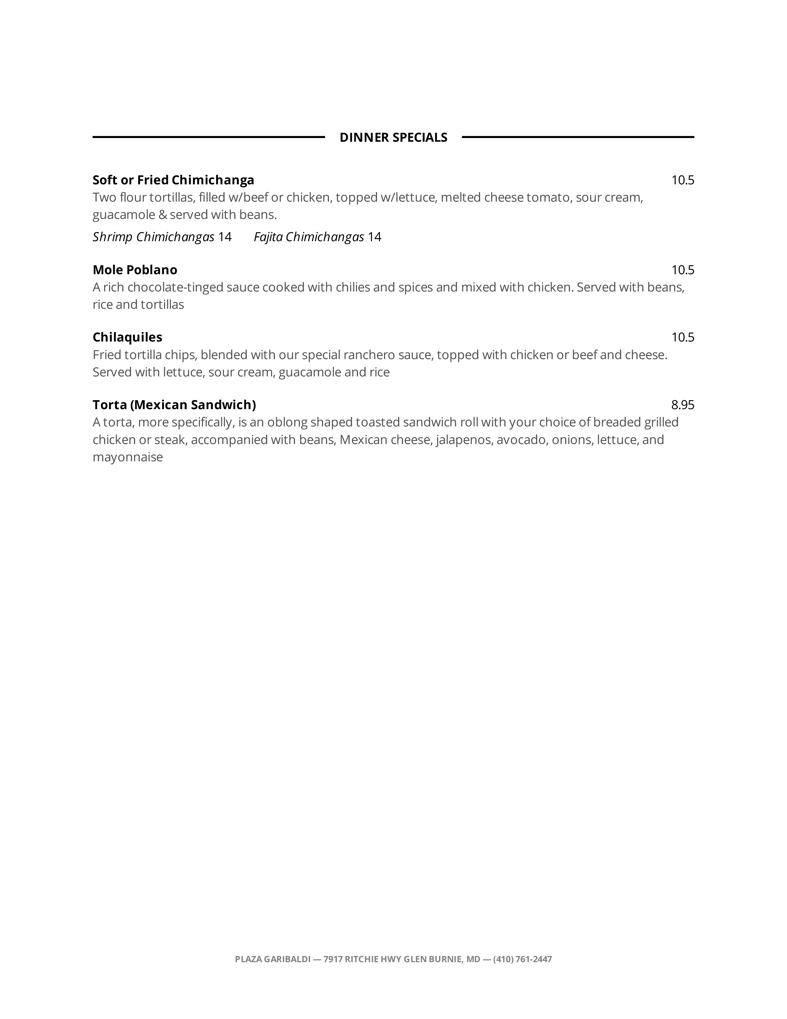 Menu at Plaza Garibaldi Mexican Restaurant, Glen Burnie