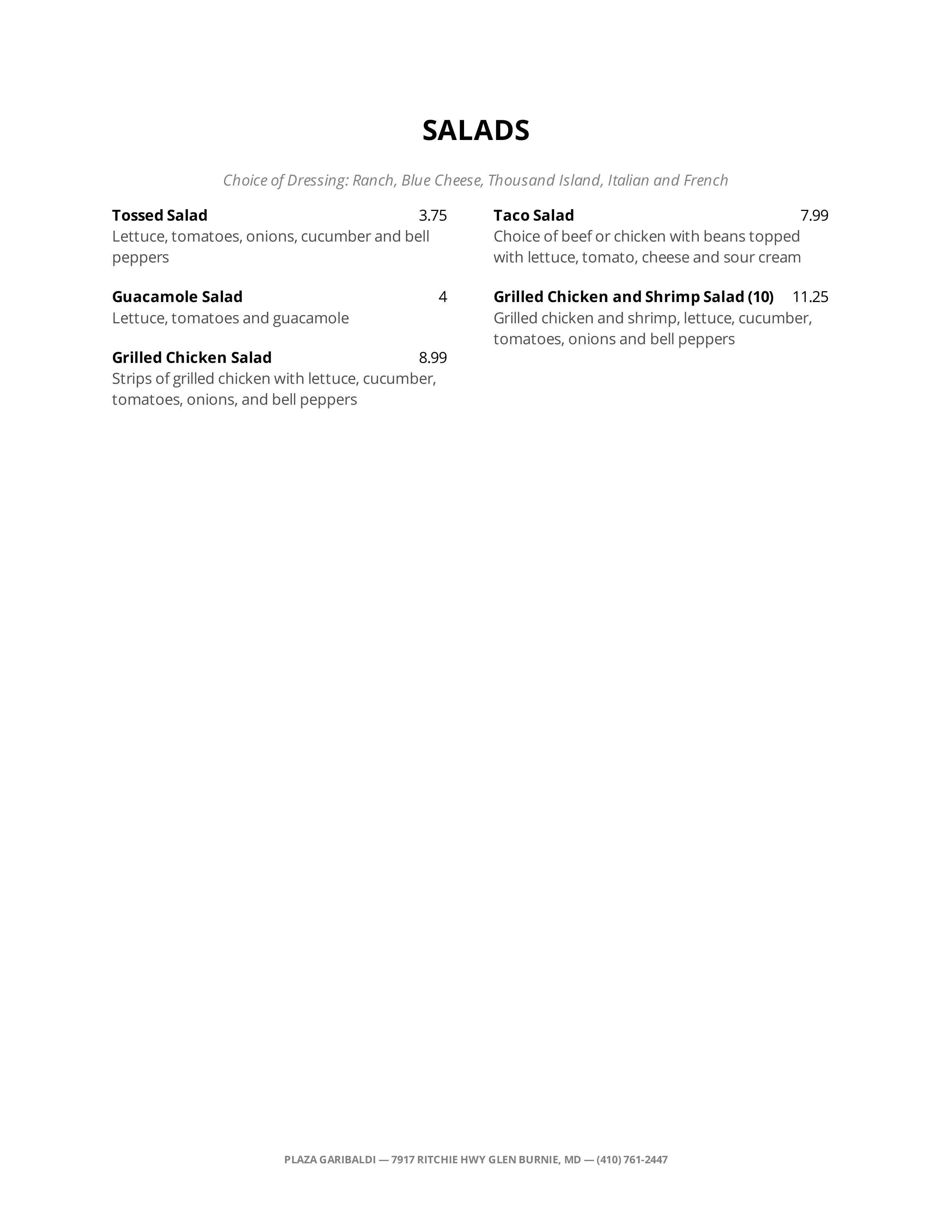 Menu at Plaza Garibaldi Mexican Restaurant, Glen Burnie