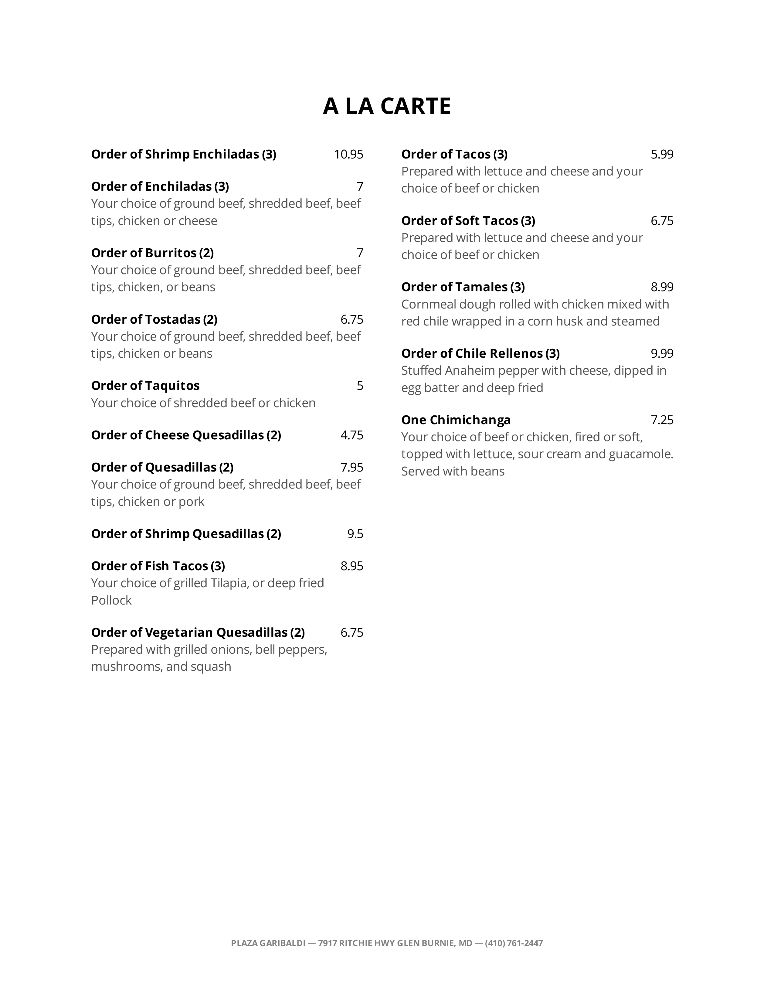 Menu at Plaza Garibaldi Mexican Restaurant, Glen Burnie