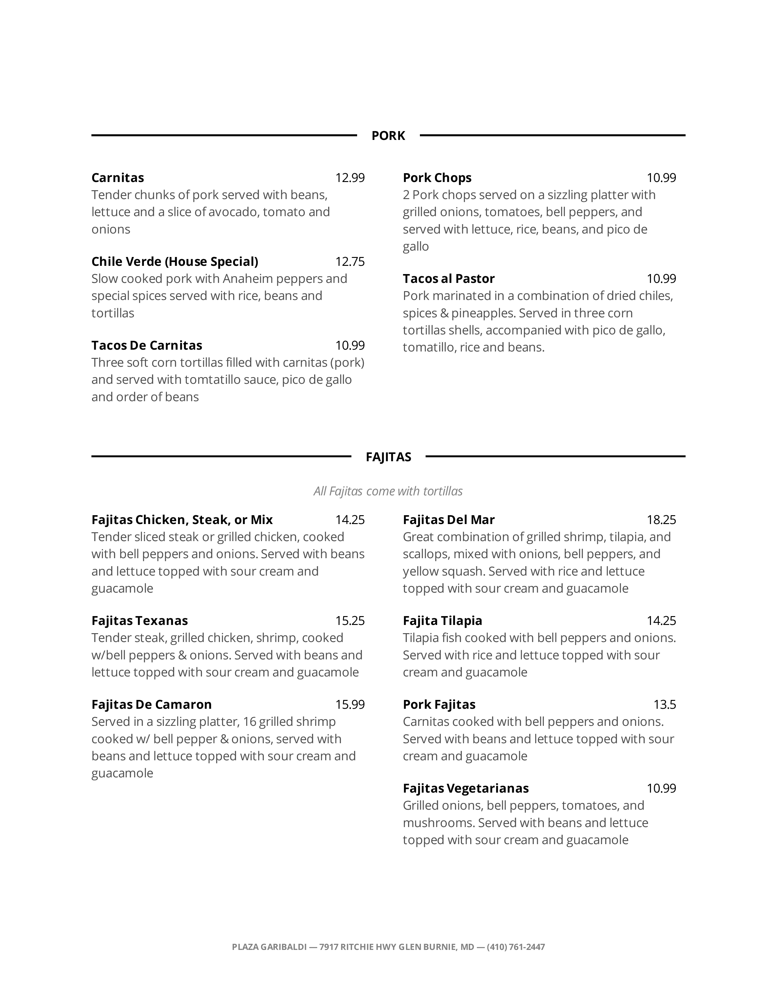 Menu at Plaza Garibaldi Mexican Restaurant, Glen Burnie