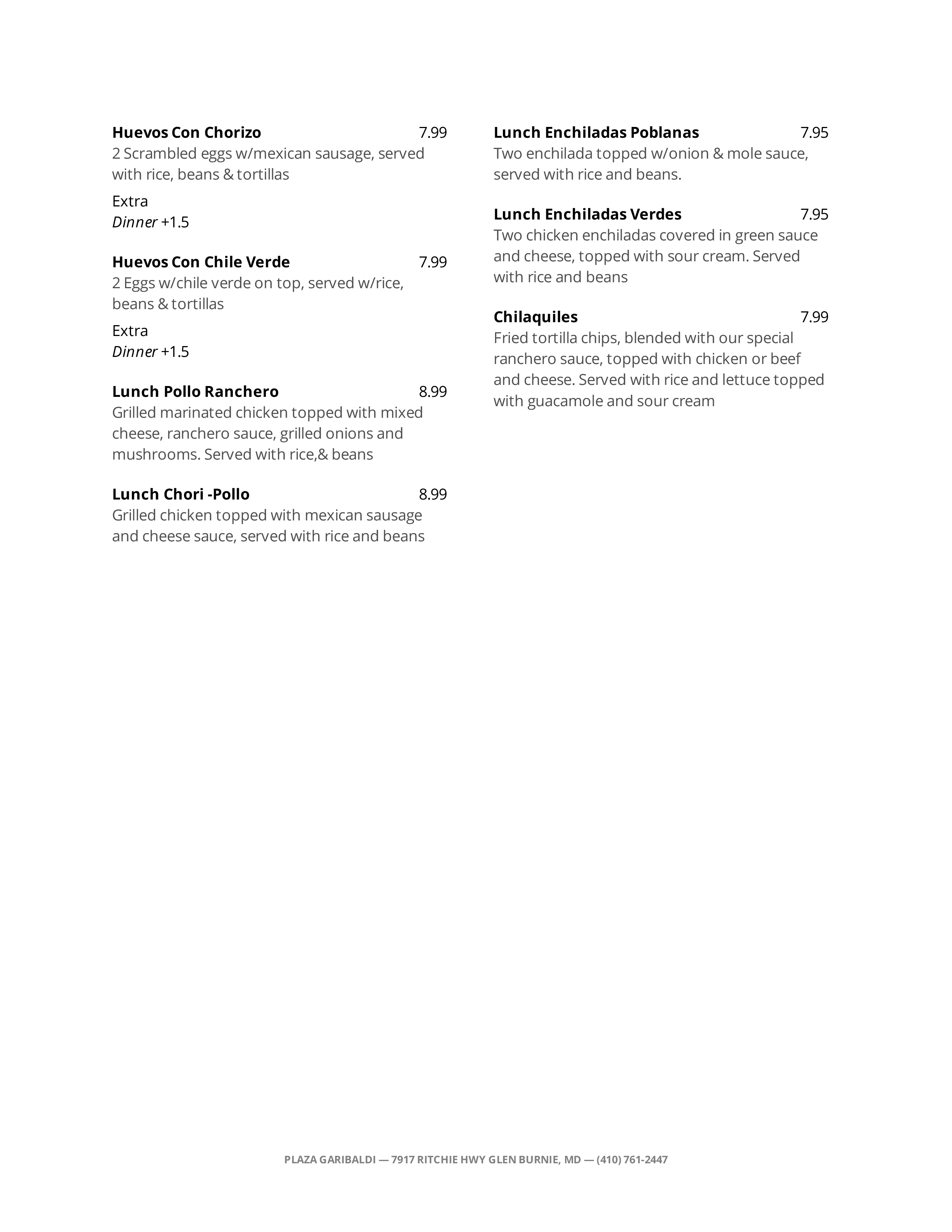 Menu at Plaza Garibaldi Mexican Restaurant, Glen Burnie