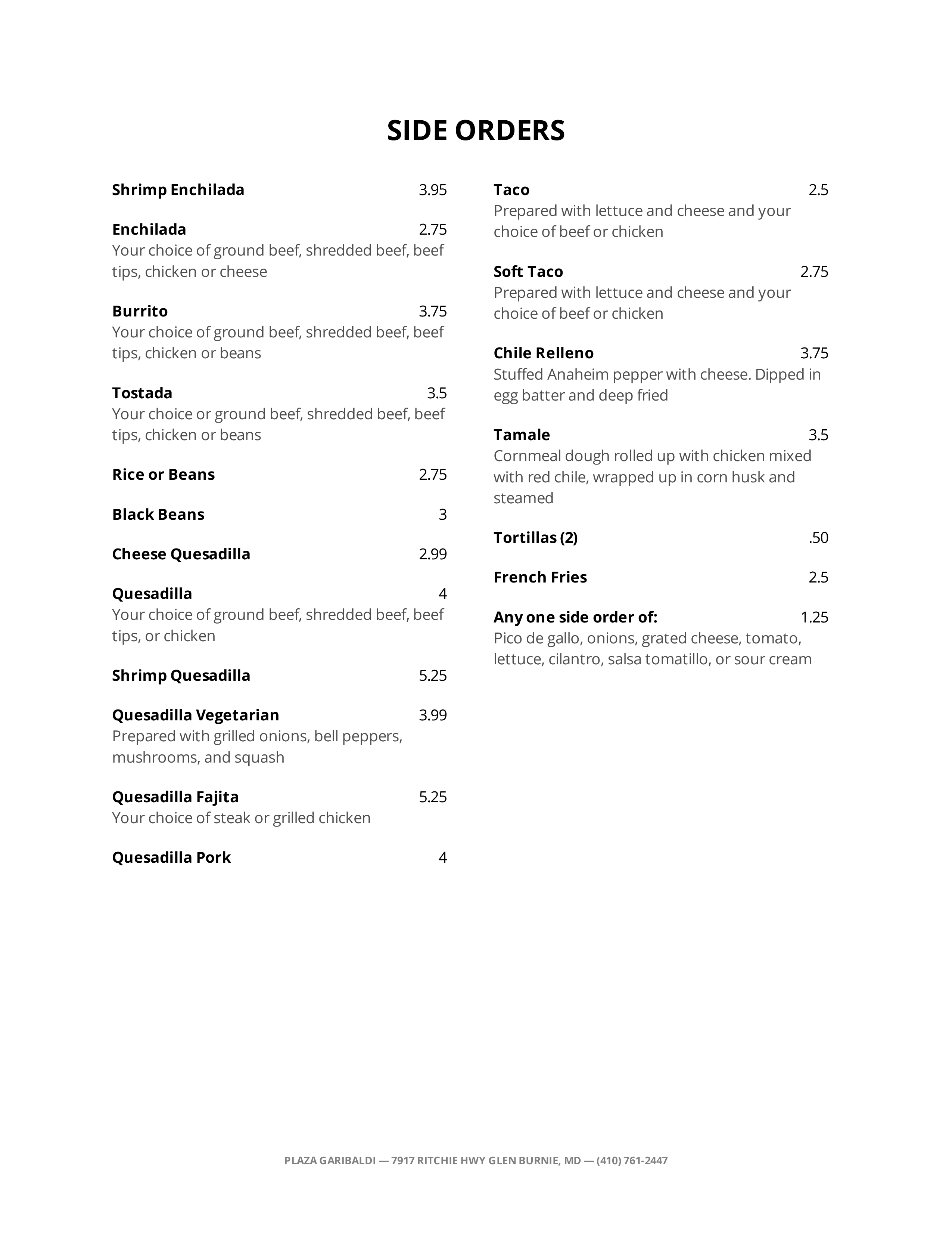 Menu at Plaza Garibaldi Mexican Restaurant, Glen Burnie