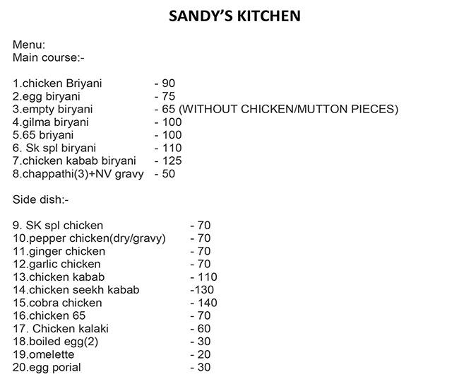 Menu of Sandy's Kitchen, Peelamedu, Coimbatore