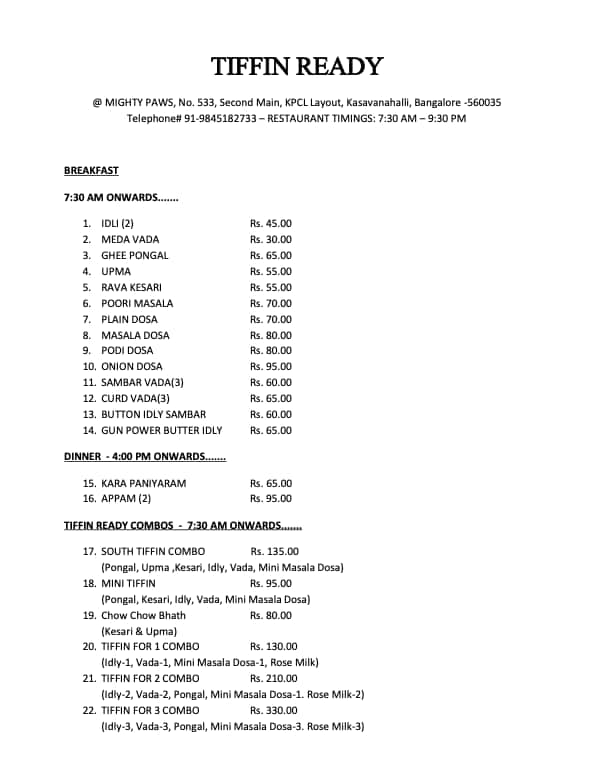 Menu of Tiffin Ready, Sarjapur Road, Bangalore