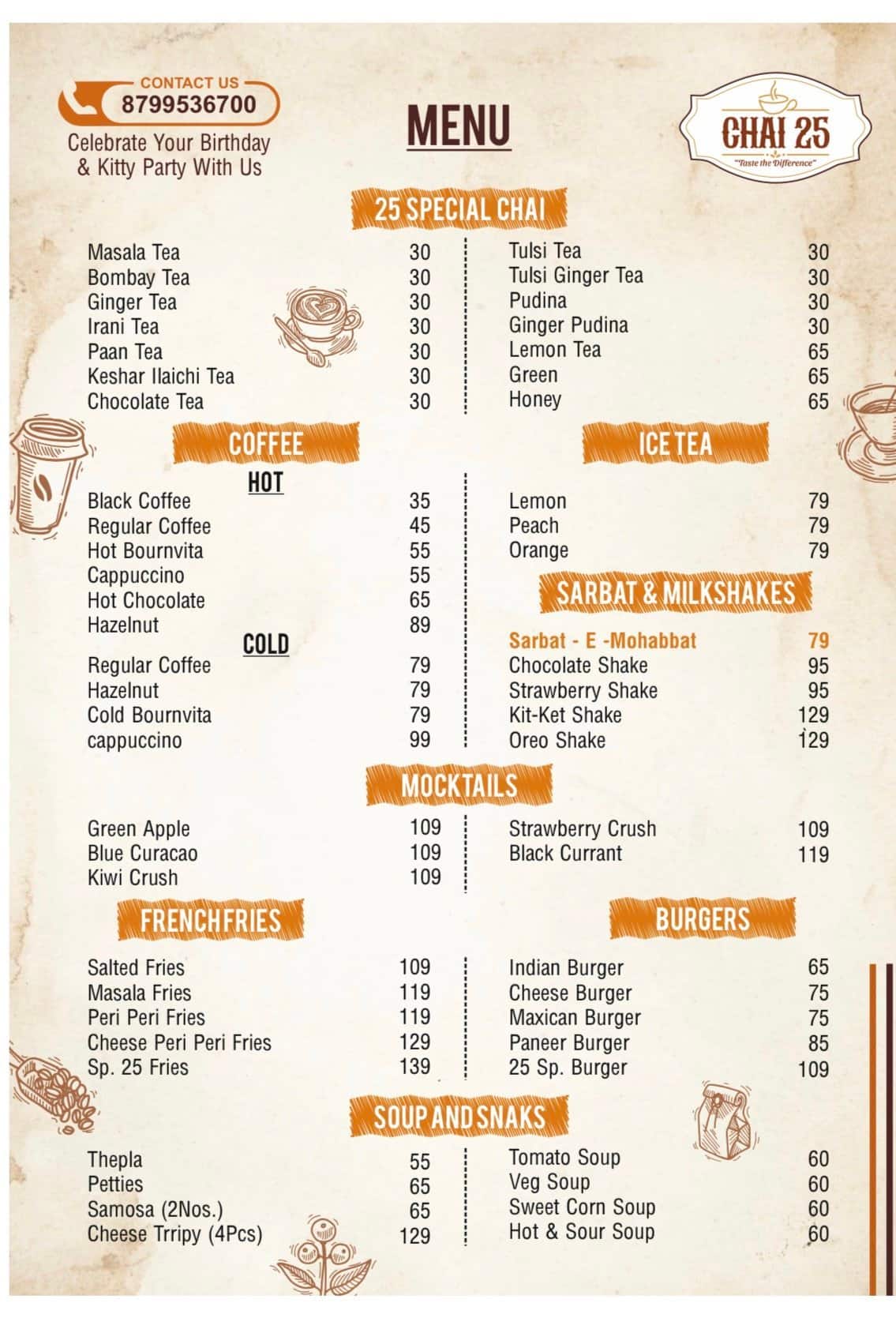 Menu of Chai 25 Cafe, Karelibaug, Vadodara