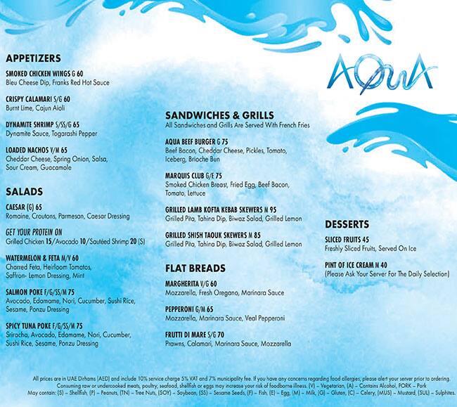 Menu at Aqua Poolside Bar & Grill, Dubai
