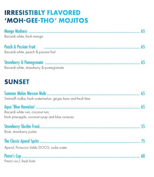 Menu at Aqua Poolside Bar & Grill, Dubai