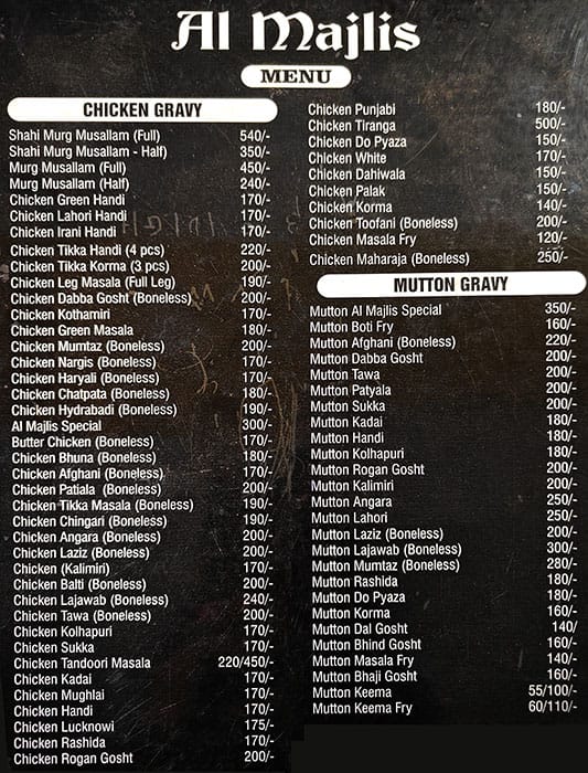 Menu of Al Majlis, Jogeshwari, Mumbai