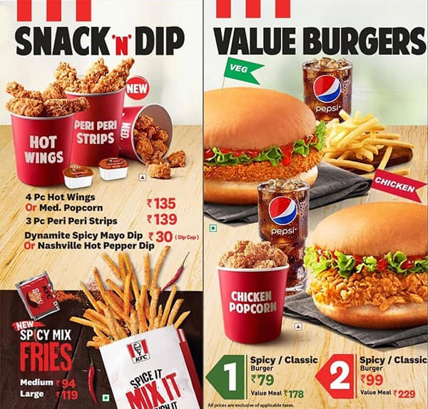 Menu of KFC, Jayadev Vihar, Bhubaneshwar