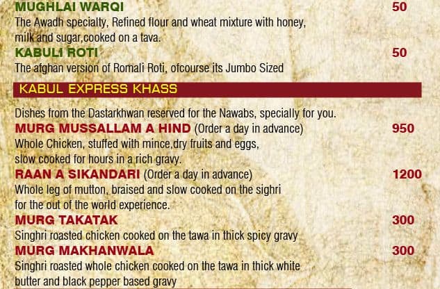 Menu at Kabul Express, Bengaluru, 149,, 4th Cross, 2nd Main, HAL 3rd Stage