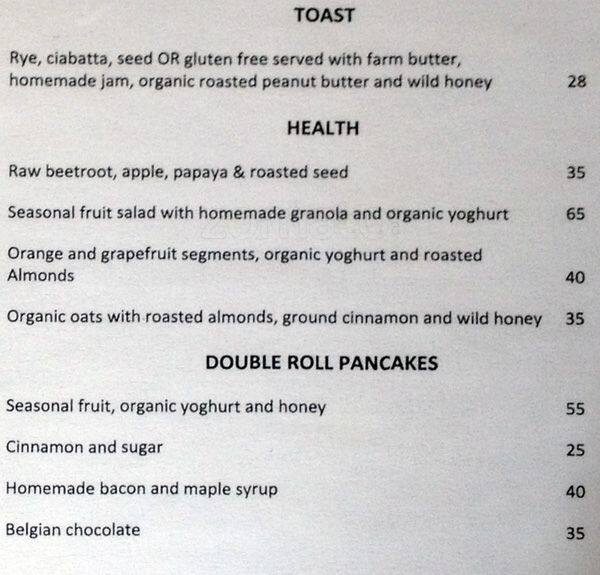 Menu at Birds cafe, Cape Town