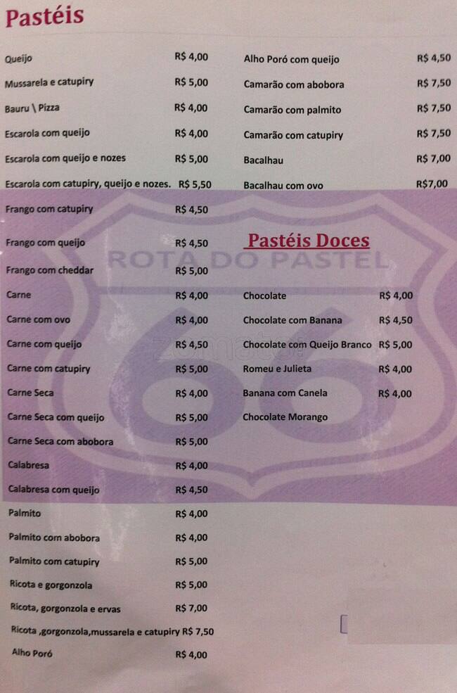 Menu at Pastel Gigante cafeteria, São Paulo, R. Padre José de Anchieta