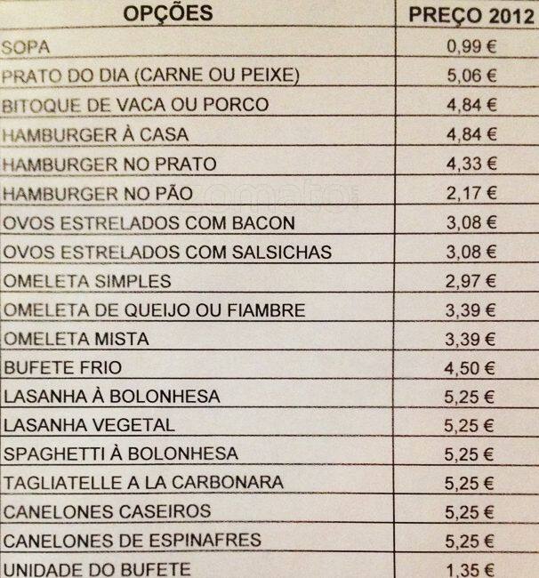 Menu at Espaço Fernando cafe, Lisbon, Universidade Católica Portuguesa