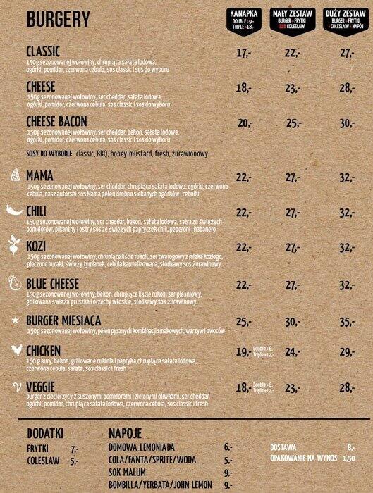 Menu at Burger Mama Ursynów restaurant, Warsaw