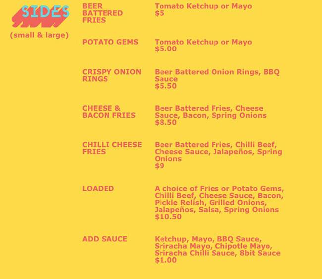 Menu at 8bit fast food, Melbourne, 231 Swanston St